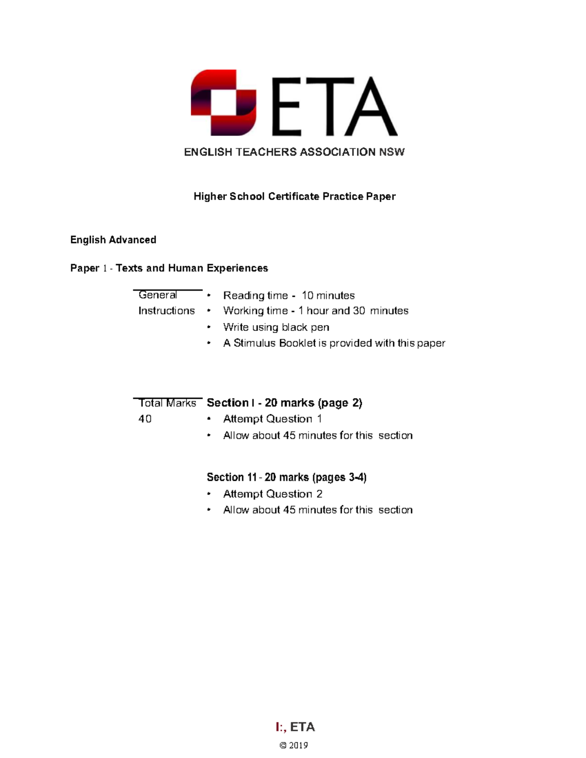 2019 ETA HSC Practice Paper: English Advanced Paper 1 Questions - Studocu