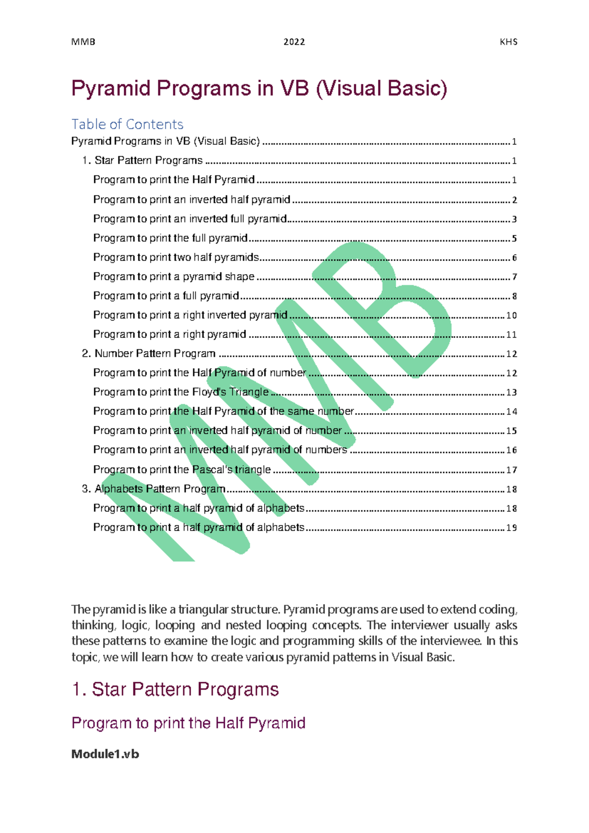 MMB 2022 KHS Pyramid Programs in Visual Basic - Practice Guide - Studocu