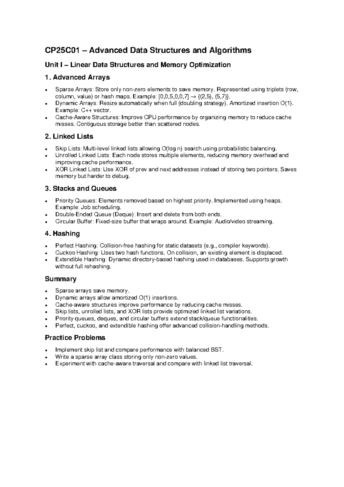 CP25C01 Advanced Data Structures & Algorithms Unit I Notes - Studocu