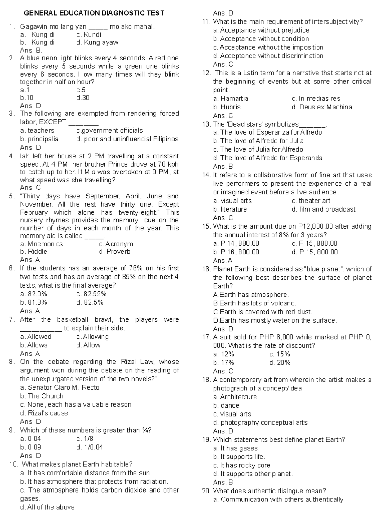 General Ed Diagnostic TEST - Assessment Questions and Answers - Studocu