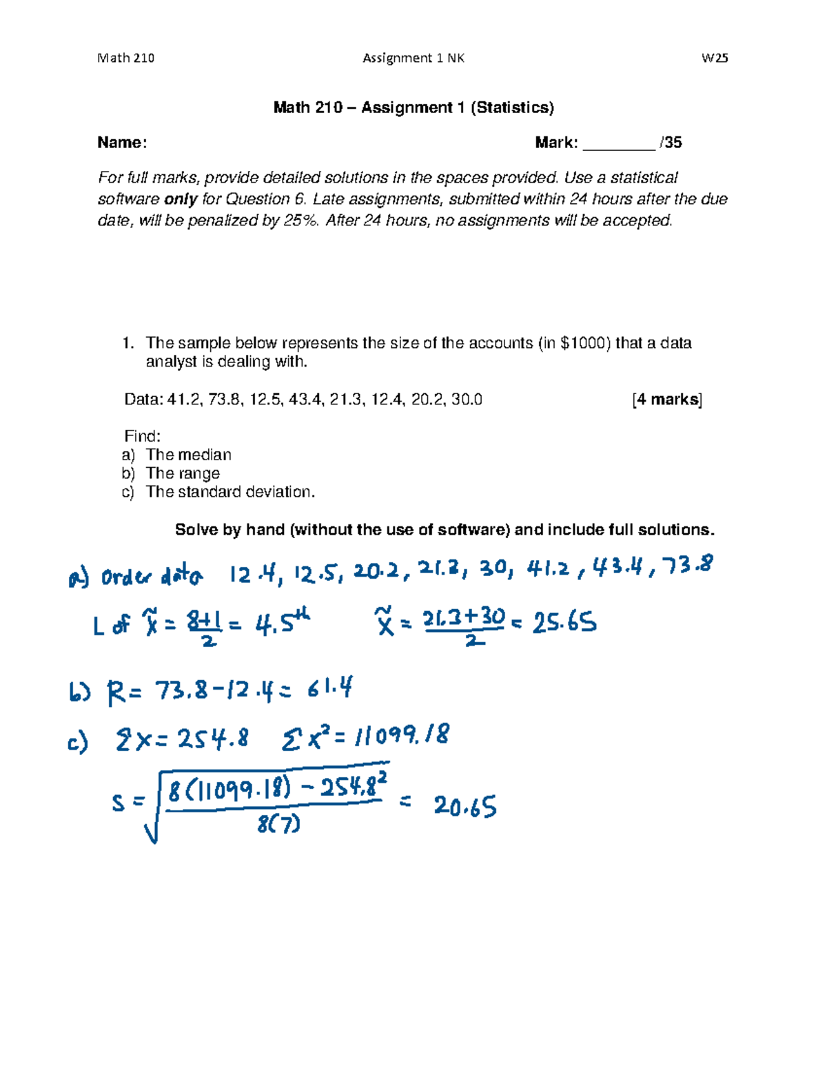 Math 210 – Assignment 1 (Statistics) with Detailed Solutions - Studocu