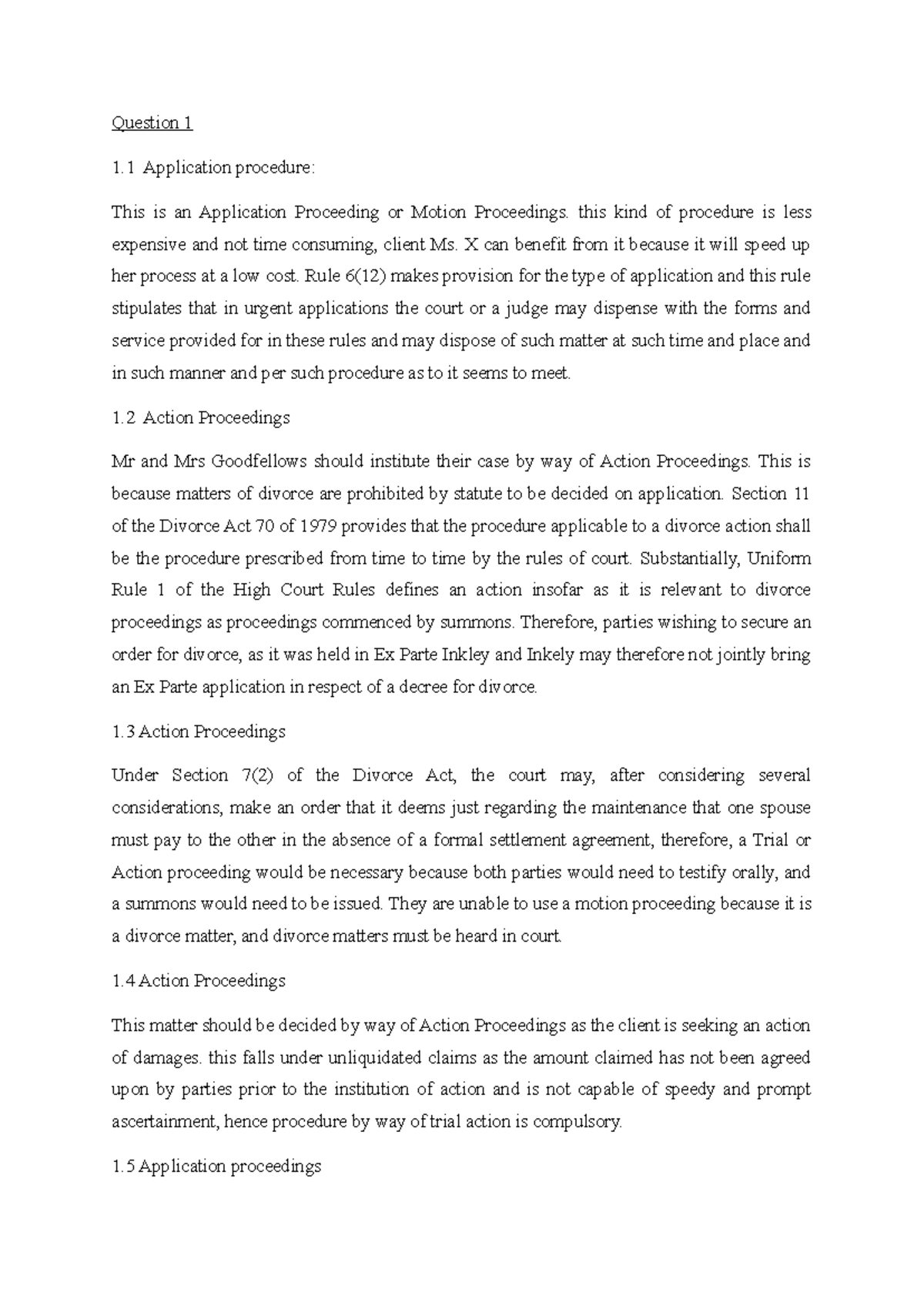 Question 1 - Application vs Action Proceedings Analysis - Studocu
