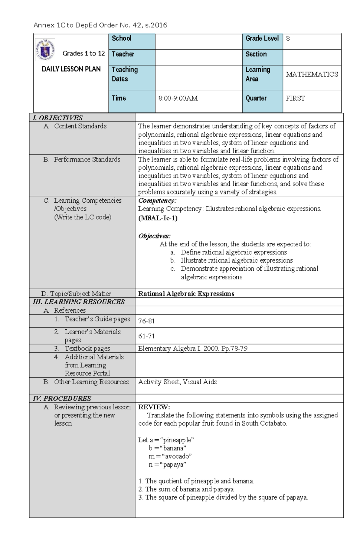 Rational Algebraic Expressions Lesson Plan (Grades 1-12) - Studocu