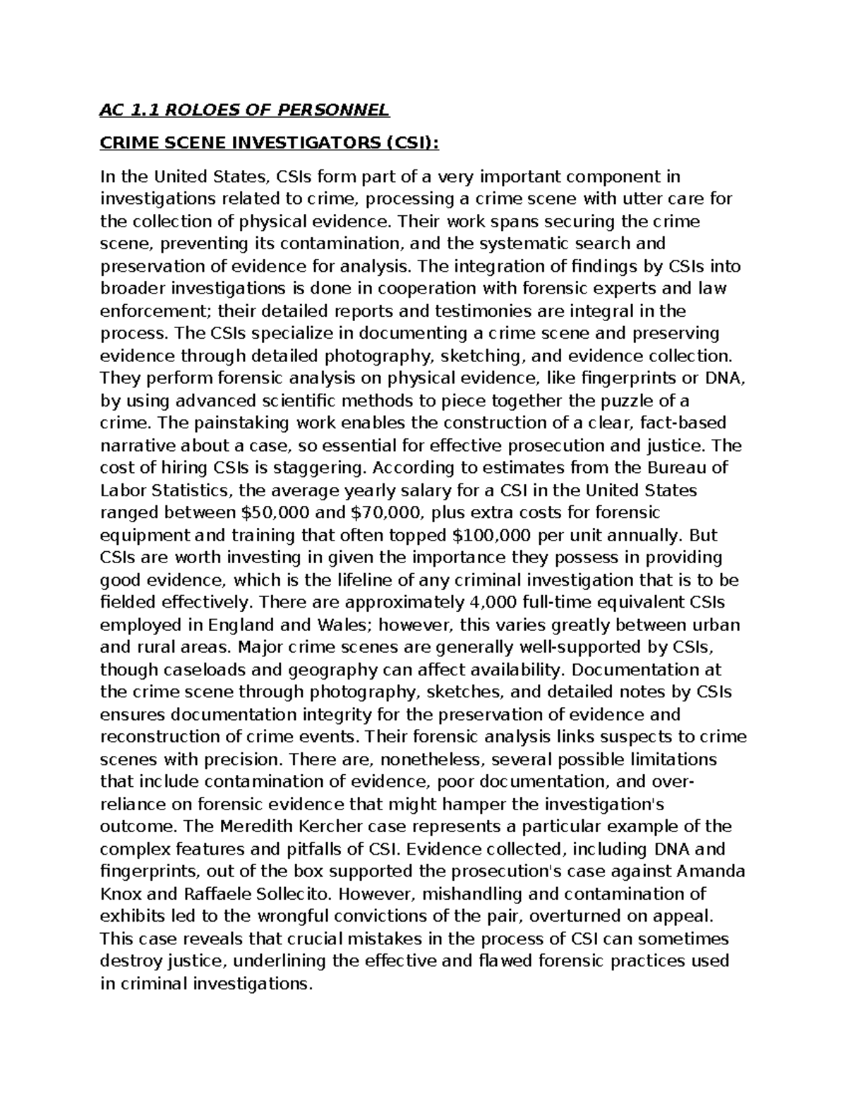 AC 1.1 Roles of Personnel: Crime Scene Investigators and Their Impact ...