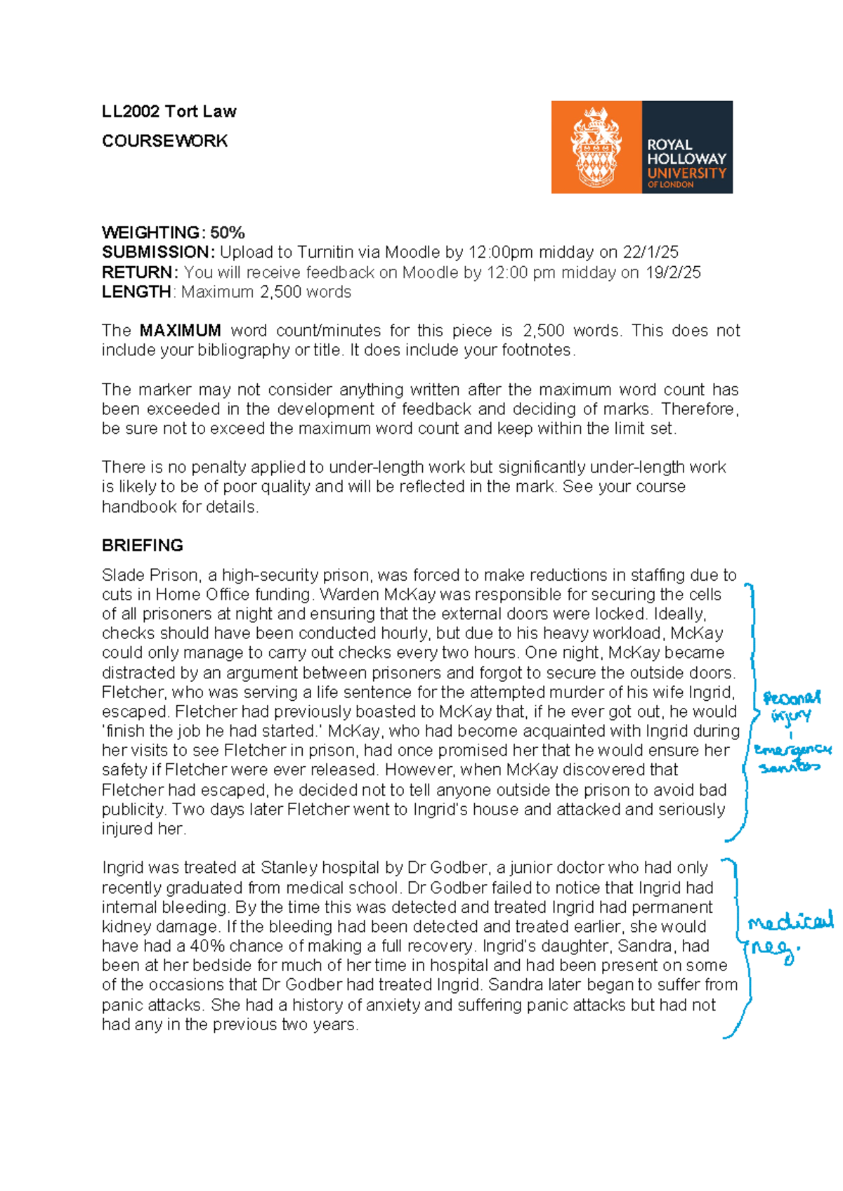 LL2002 Tort Law Cousework Main 2024-5 - LL2002 Tort Law COURSEWORK ...