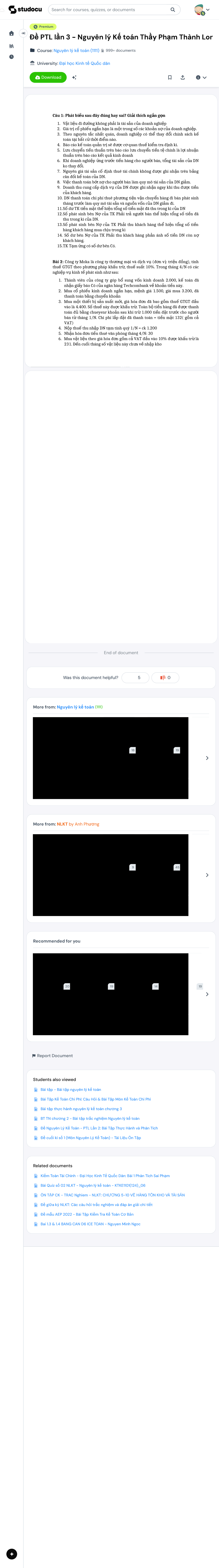 Đề PTL lần 3: Nguyên lý Kế toán - Thầy Phạm Thành Long NEU - Studocu