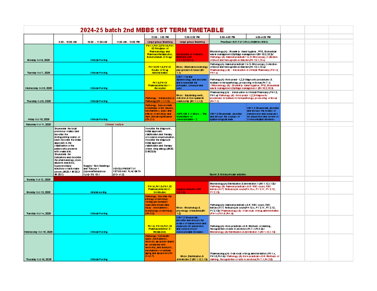 2024-25 Batch 2nd MBBS 1st Term Timetable Overview - Studocu