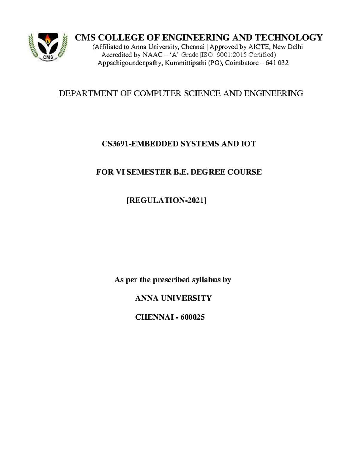 Esiot Lab Manual CS3691: Embedded Systems & IoT for VI Sem B.E. - Studocu