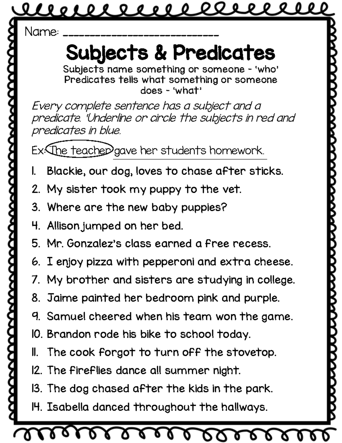 Subjectand Predicate Worksheet-1 - Subjects & Predicates Subjects name ...