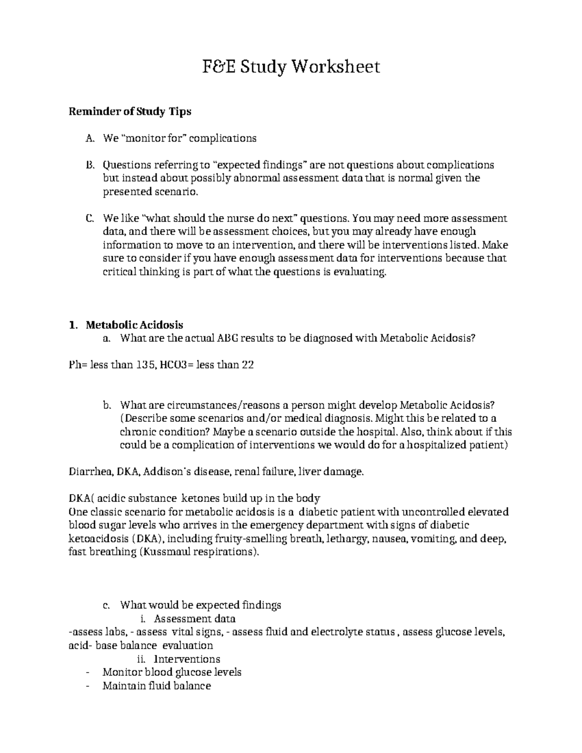 Fluid Electrolyte, Acid Base Study Worksheet - F&E Study Worksheet ...