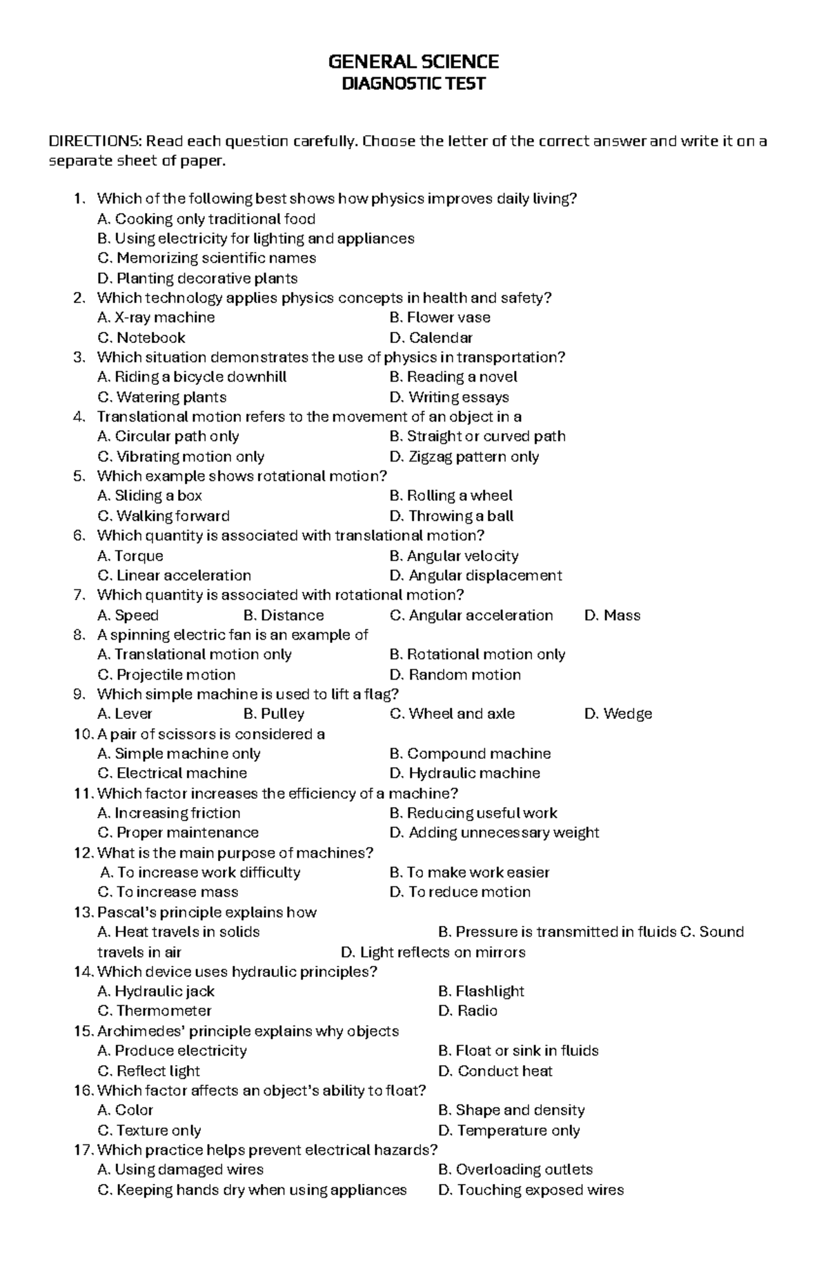 G11 General Science 48-Item Diagnostic Exam with TOS - Studocu