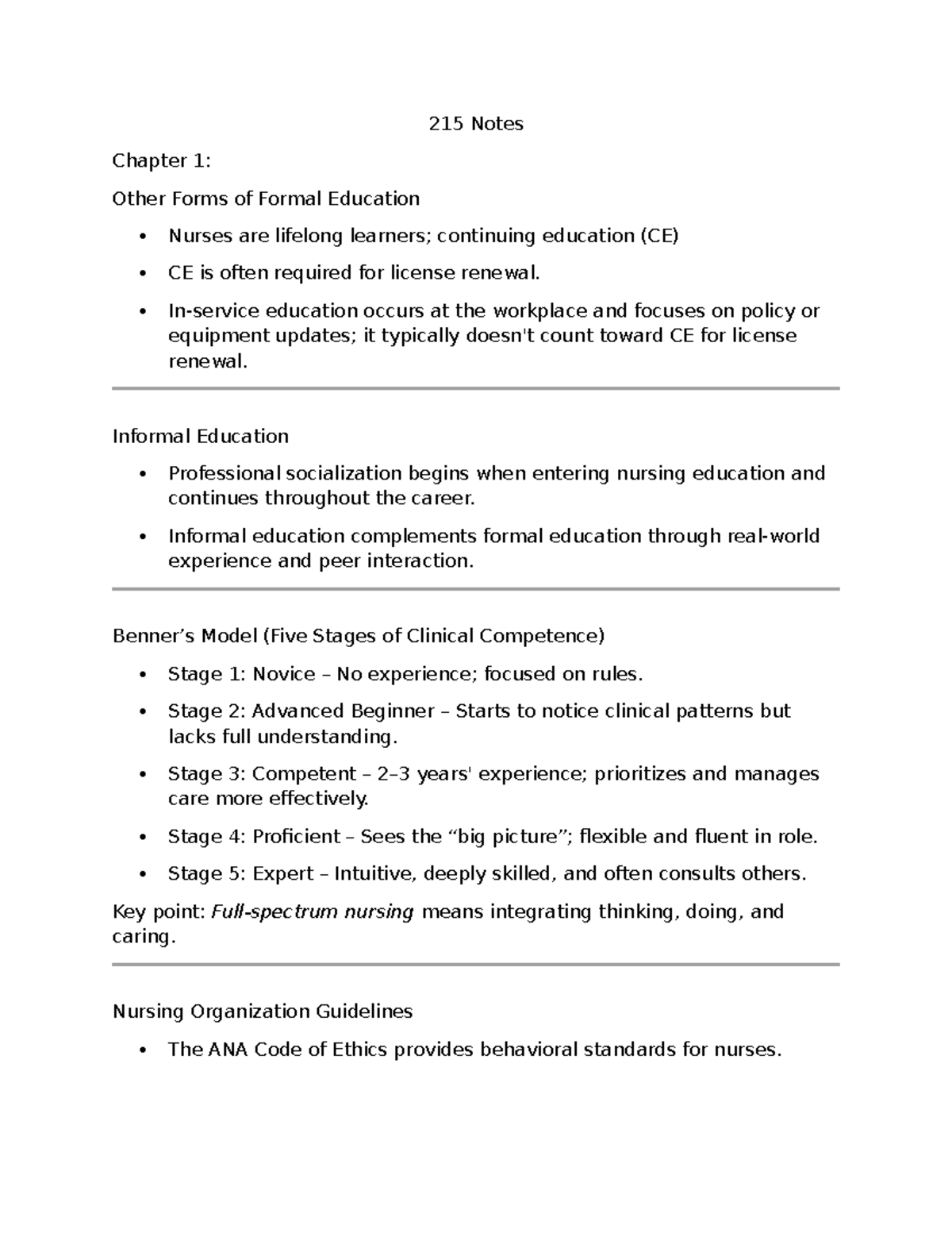 215 Notes: Chapter 1 - Understanding Formal and Informal Nursing ...