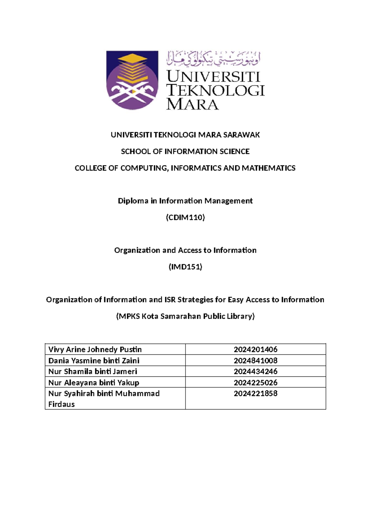 IMD151 Group Assignment: Organization of Information & ISR Strategies ...