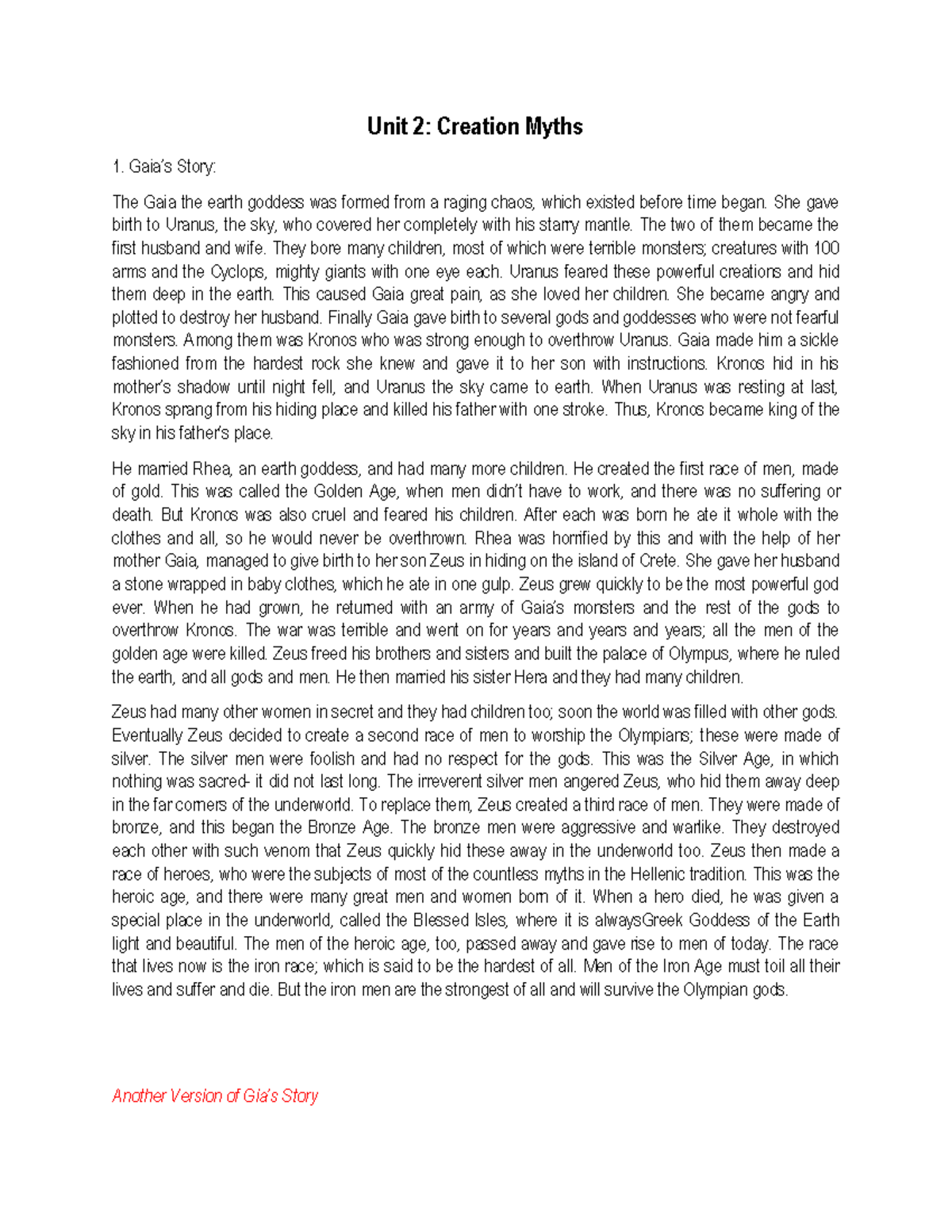 EM6-Unit-2: Exploration of Creation Myths Across Cultures - Studocu