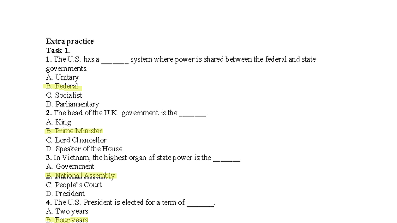 Taplcb 2 - Extra Practice on U.S. and U.K. Government Systems - Studocu