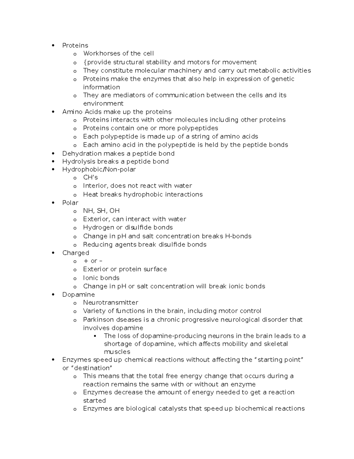 Bio Chem notes - Proteins o Workhorses of the cell o {provide ...