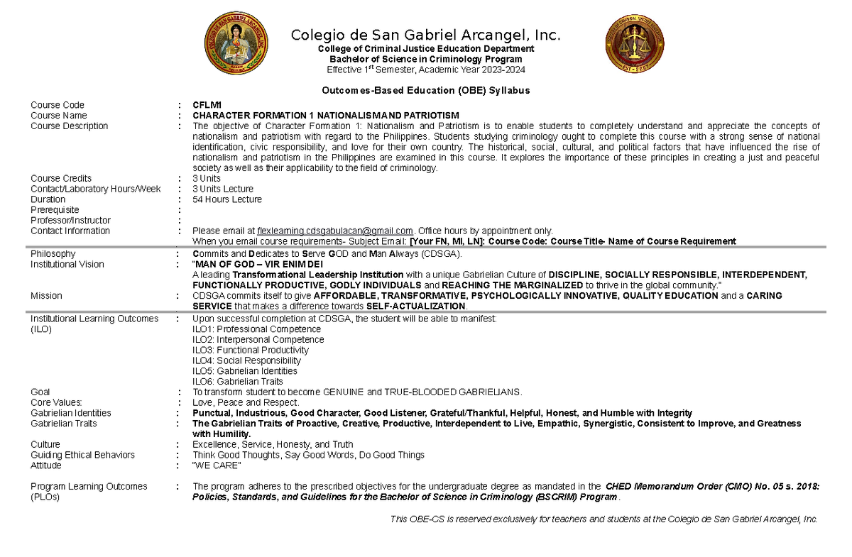 CFLM1-OBE-Syllabus for Character Formation 1: Nationalism & Patriotism ...