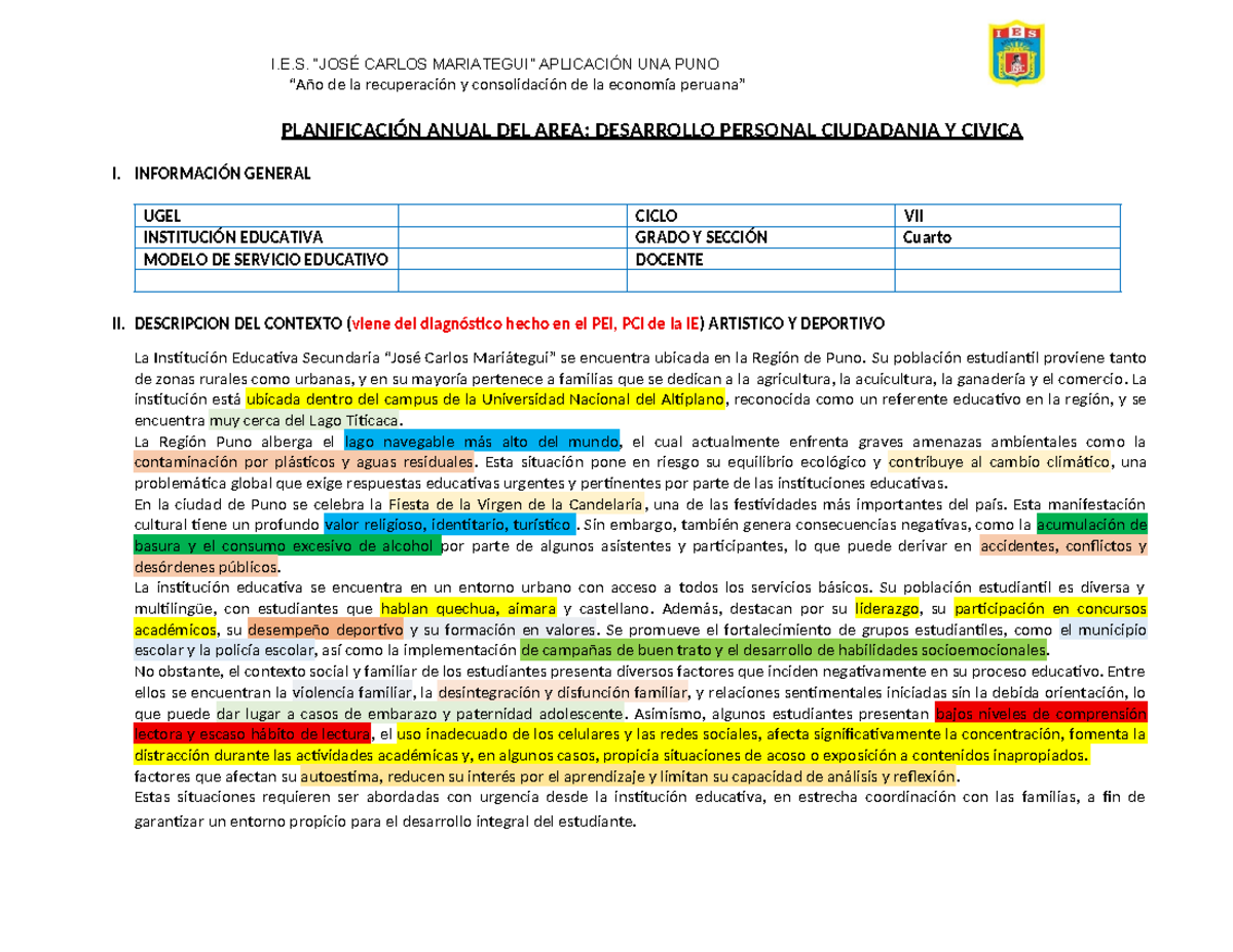 Planificación Anual DPCC I.E.S. Carlos Puno: Contexto y Necesidades ...