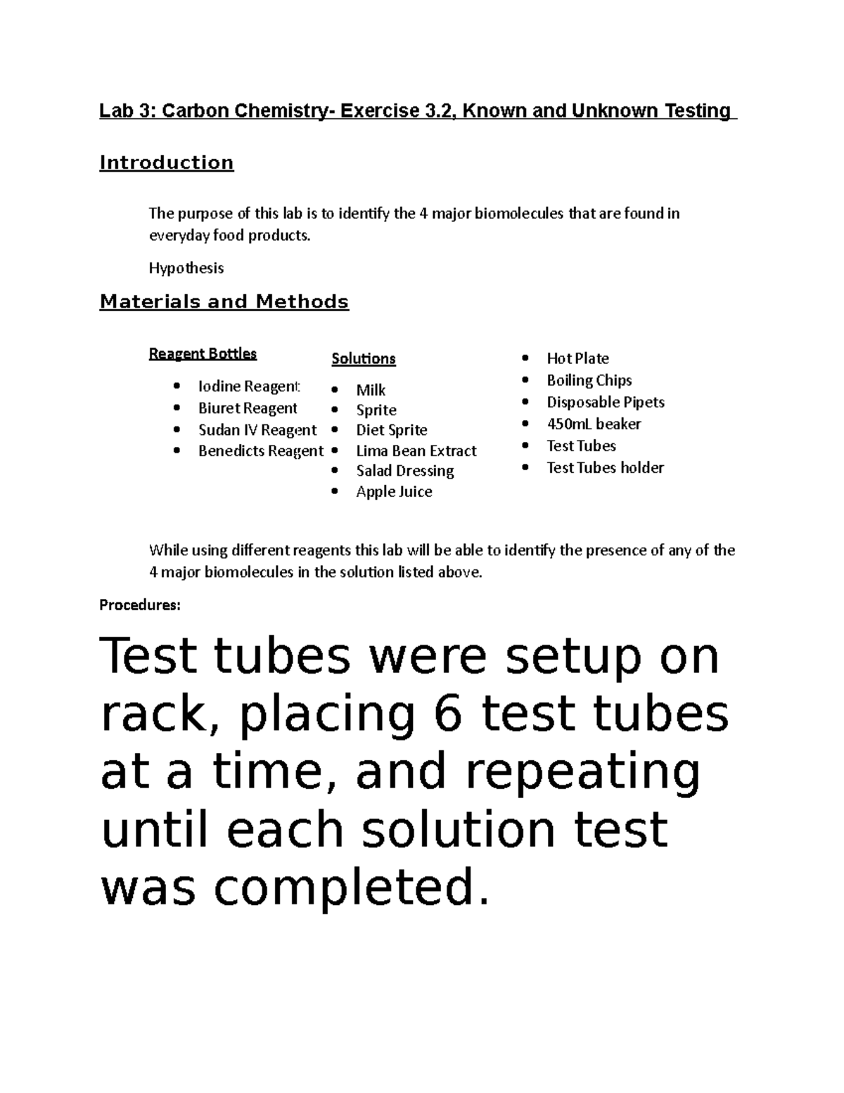 Biology Lab Report: Identifying Major Biomolecules (Lab 3) - Studocu