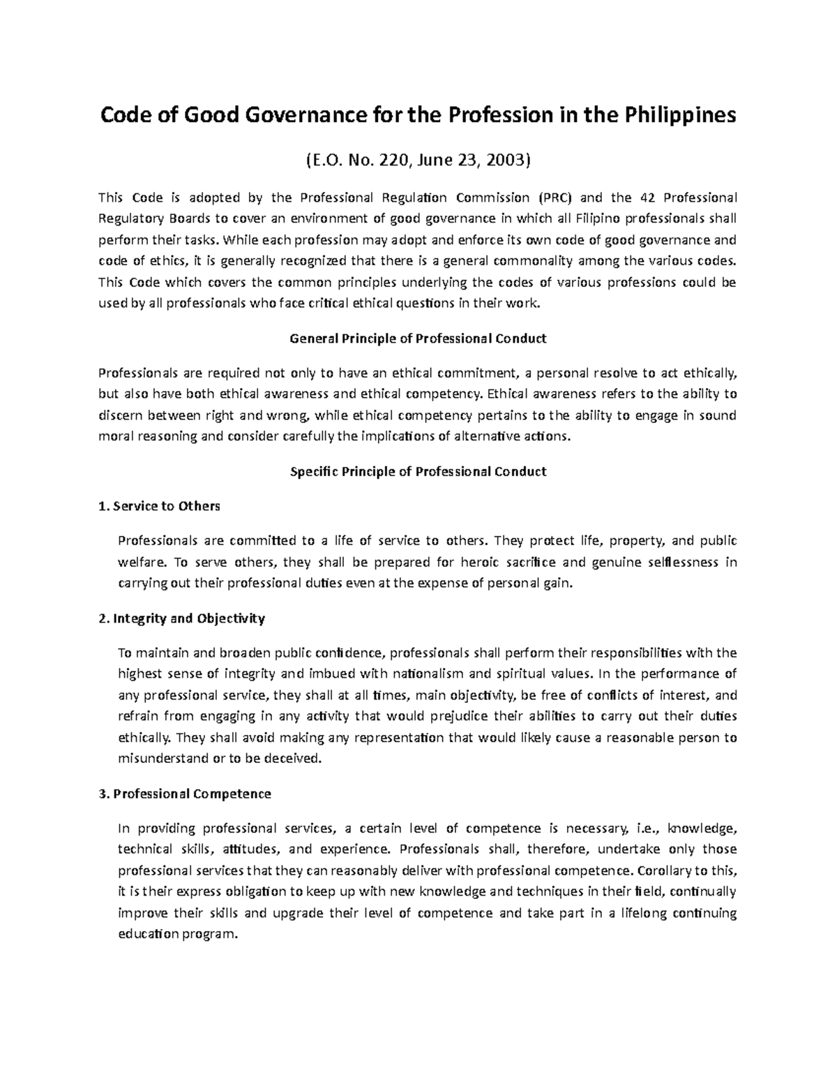 Code of Good Governance for the Profession in the Philippines - No. 220 ...