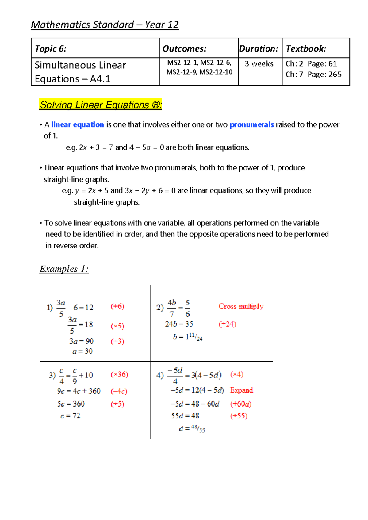 12 - Topic 6 - Simultaneous Linear Equations MS-A4 - Study Notes - Studocu