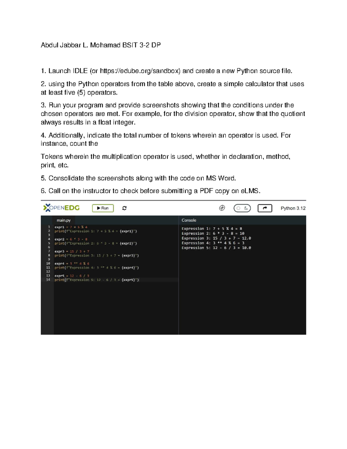Lab exercise 01: Simple calculator using Python operators (BSIT DP) - Studocu