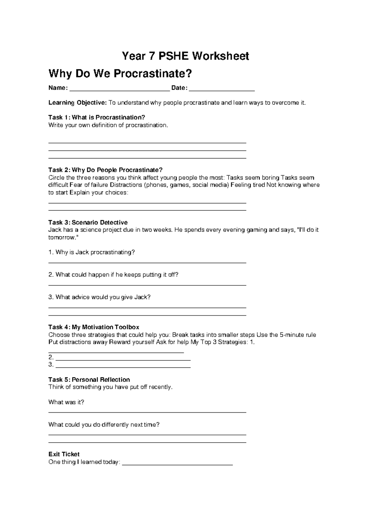 Year 7 PSHE Worksheet: Understanding Procrastination - Studocu