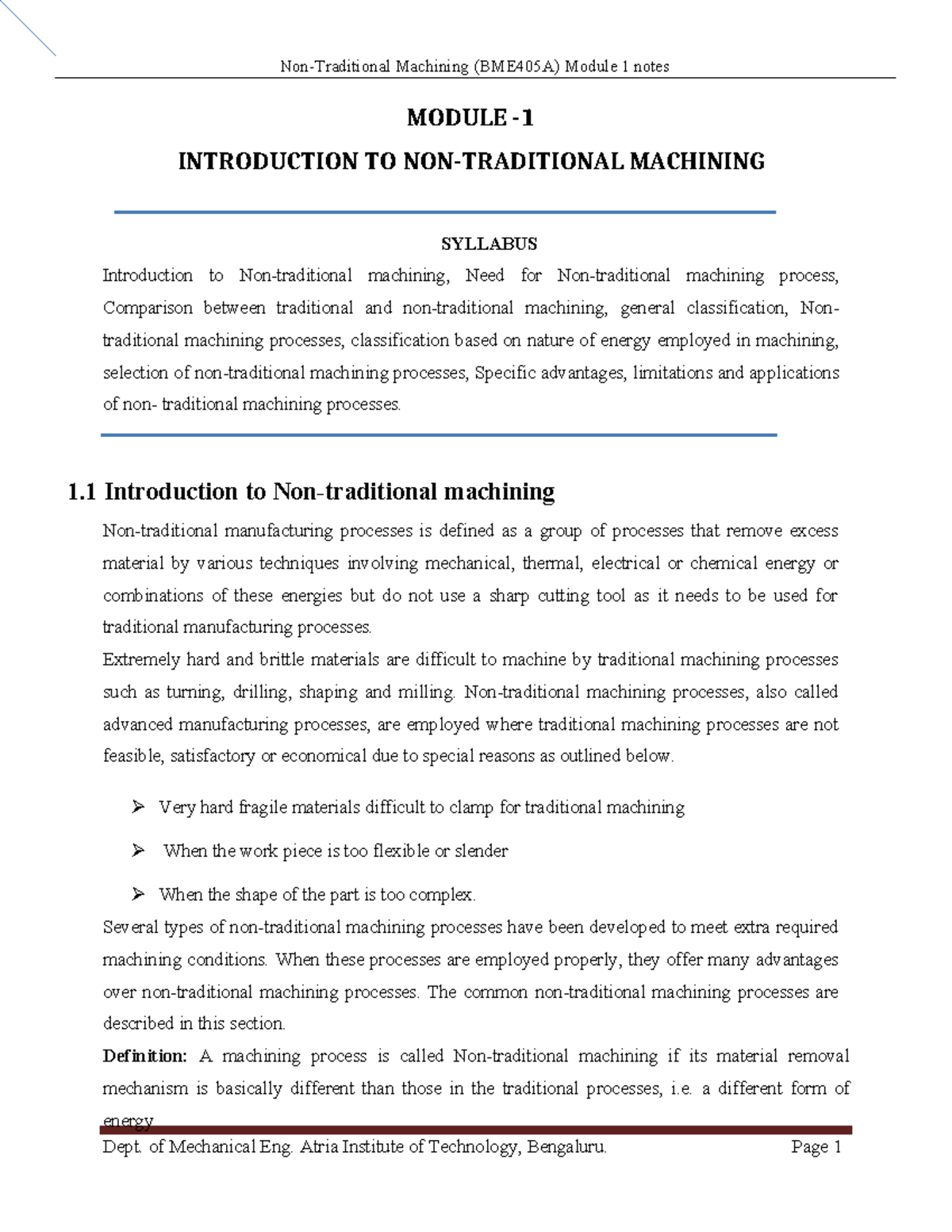 Non-Traditional Machining (NTM) BME405A Lecture Notes - Introduction ...