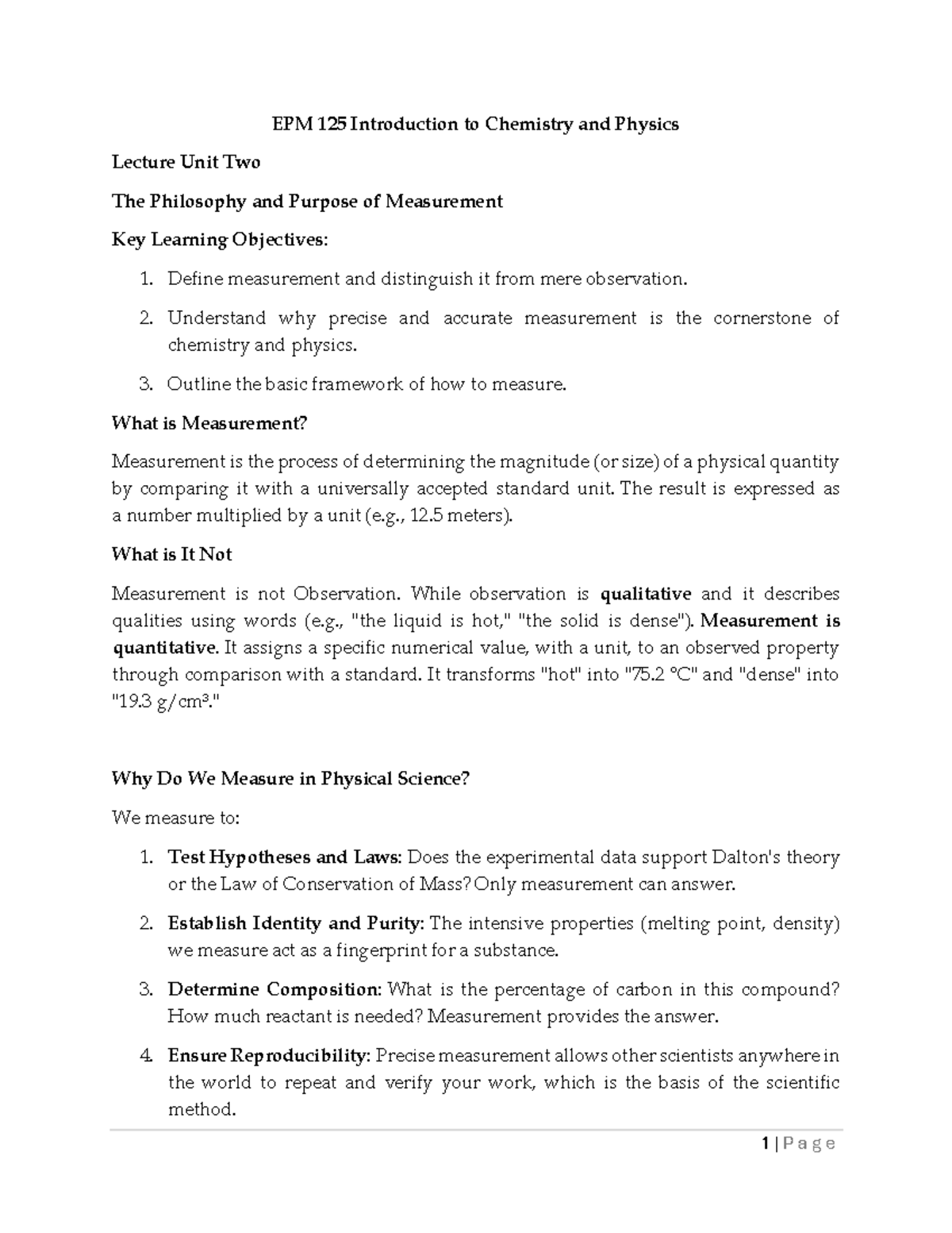 EPM 125 Lecture Unit Two: Measurement in Chemistry and Physics - Studocu
