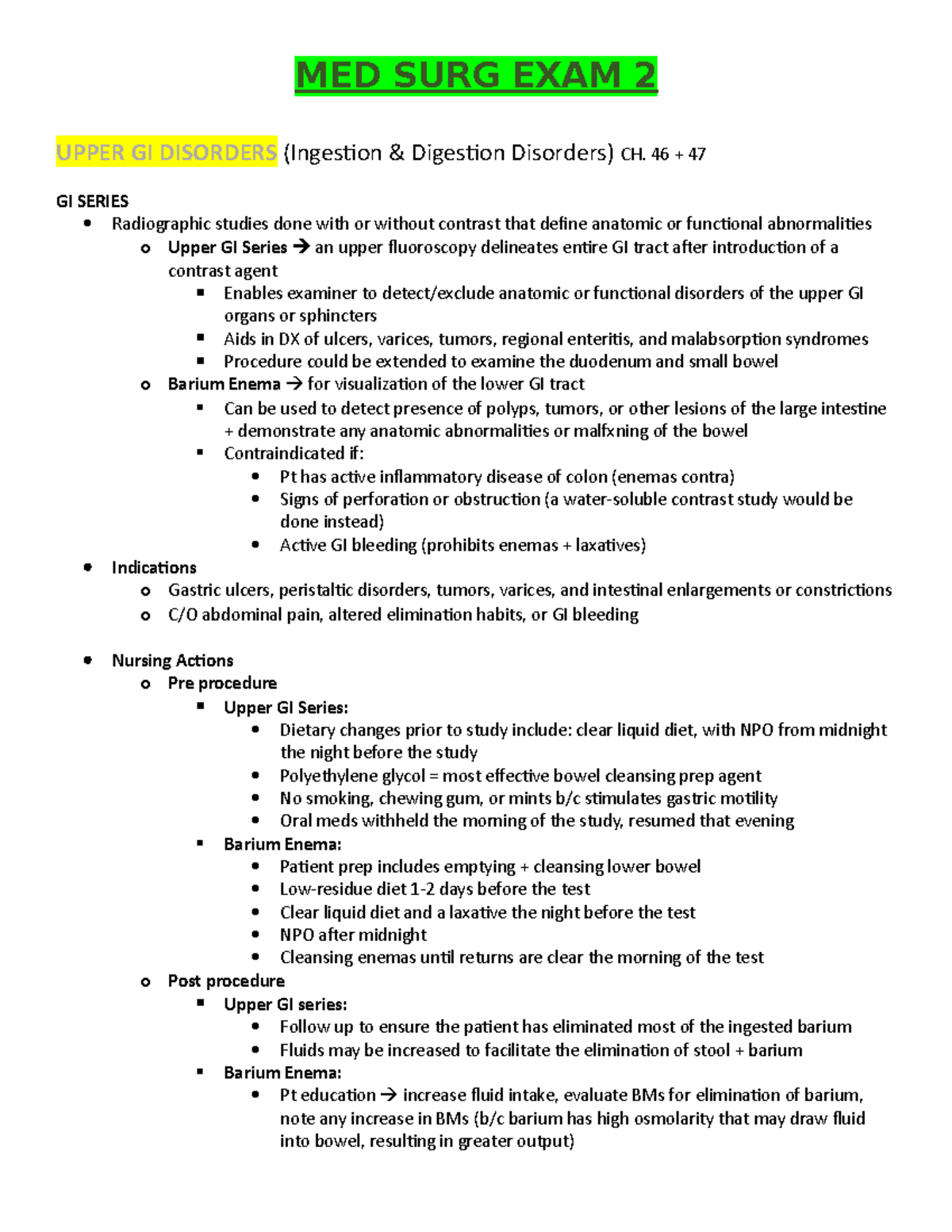 MED SURG EXAM 2 - GI Disorders Overview: Upper and Lower Insights - Studocu