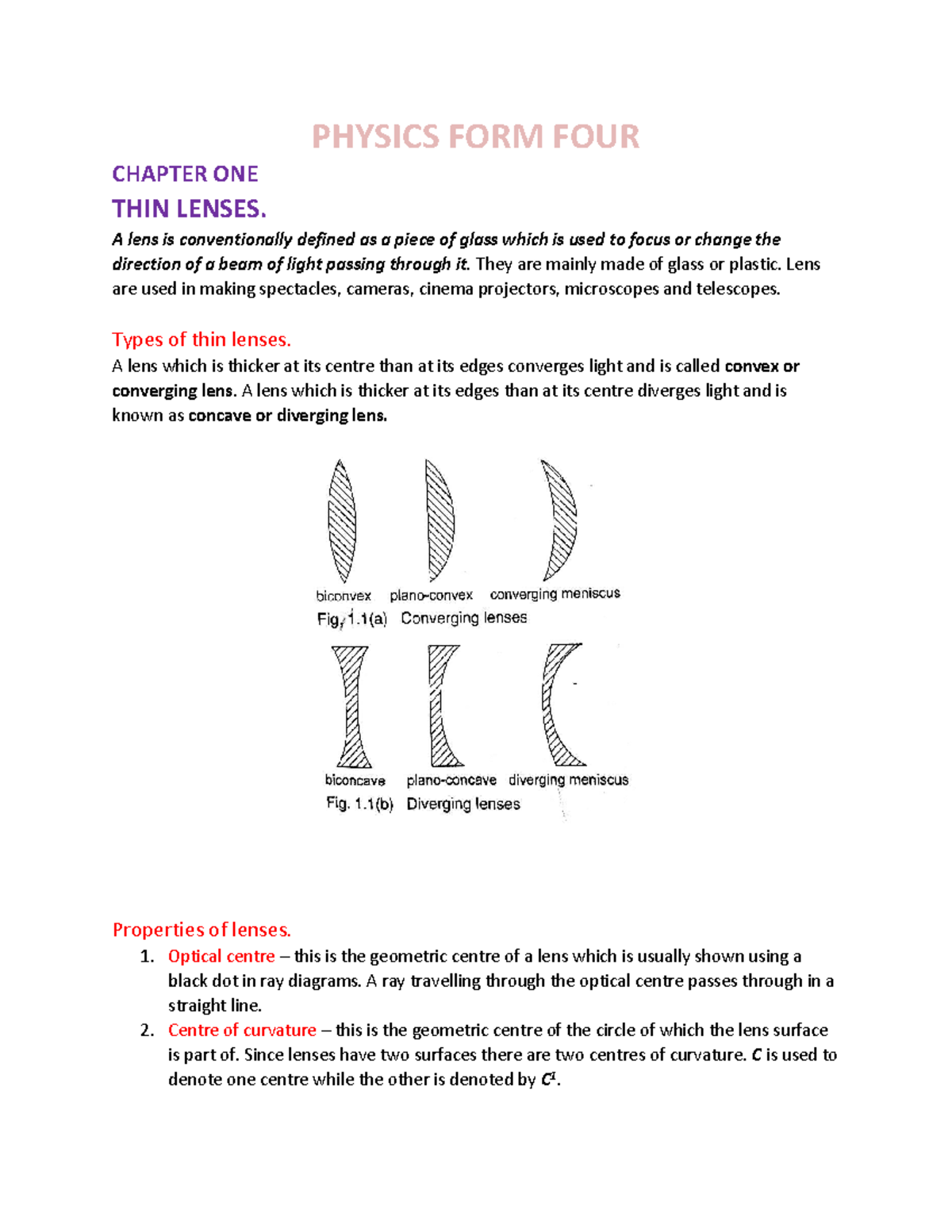 PHYSICS FORM FOUR CHAPTER ONE: THIN LENSES AND APPLICATIONS - Studocu