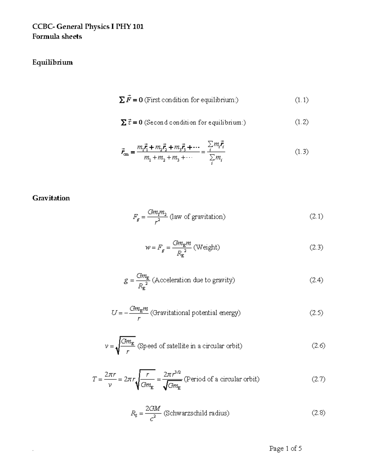 General Physics I PHY 101 Formula Sheet: Key Equations and Concepts ...