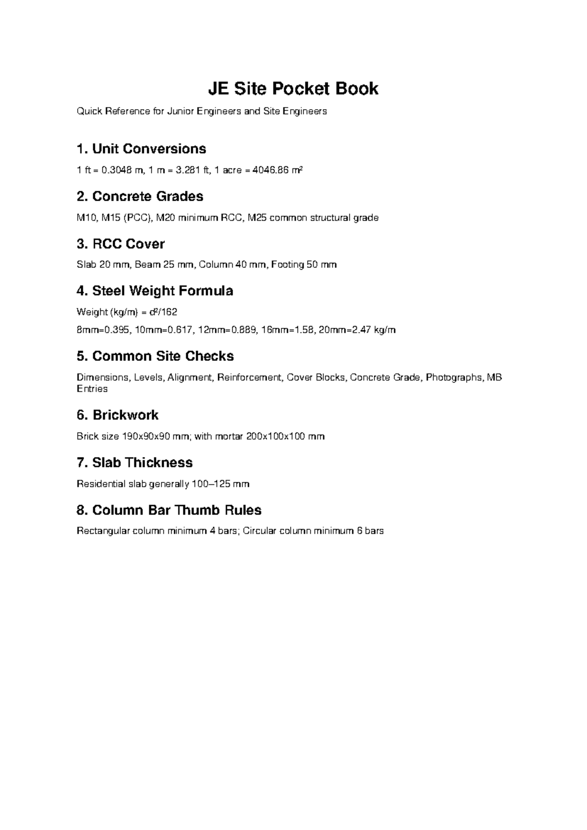 JE Site Pocket Book Quick Reference for Junior Engineers - Studocu