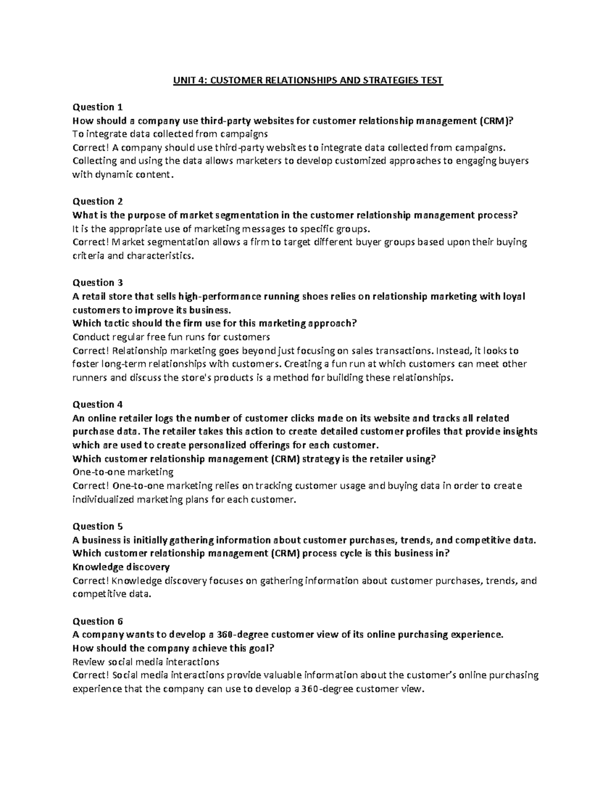 D099 Unit 4 Test - Customer Relationships & Strategies Assessment - Studocu
