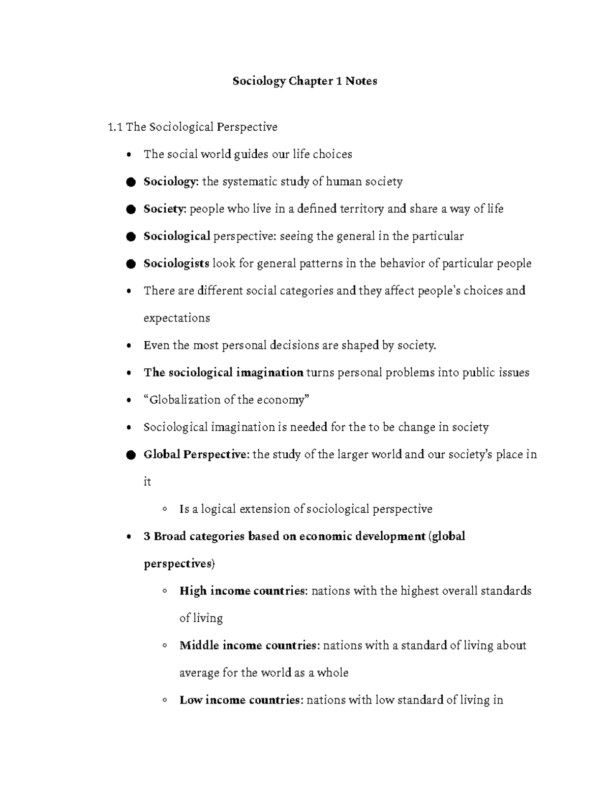 Sociology Chapter 1 Notes - Sociology Chapter 1 Notes 1 The ...