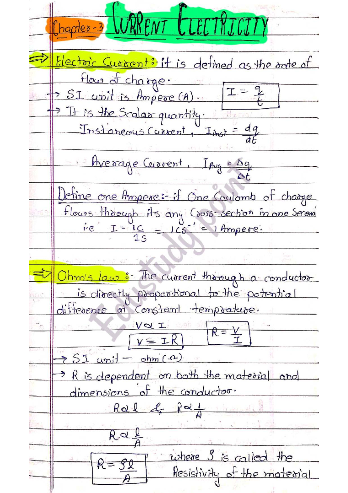 Chapter 3: Current Electricity - Key Concepts and Formulas - Studocu