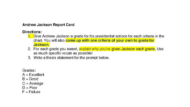 Andrew Jackson's Presidential Report Card: Grading His Actions - Studocu