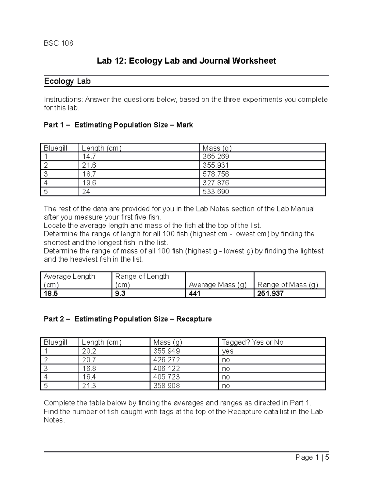 Lab 12 report bsc 108 - BSC 108 Lab 12: Ecology Lab and Journal Worksheet Ecology Lab ...