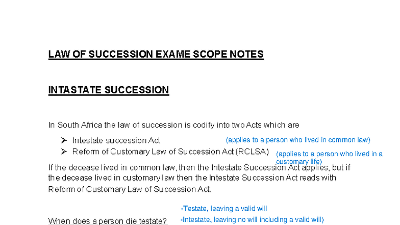 LAW OF SUCCESSION 101: FINAL EXAM SCOPE NOTES ON INTESTATE SUCCESSION ...