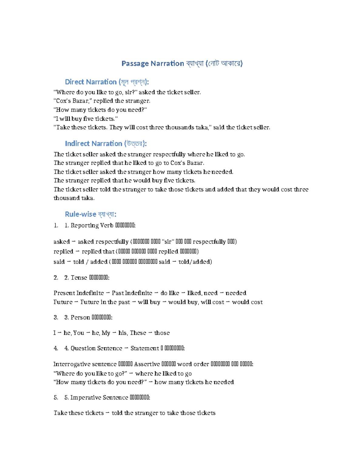 Passage Narration Explanation Sheet: Direct & Indirect Speech - Studocu