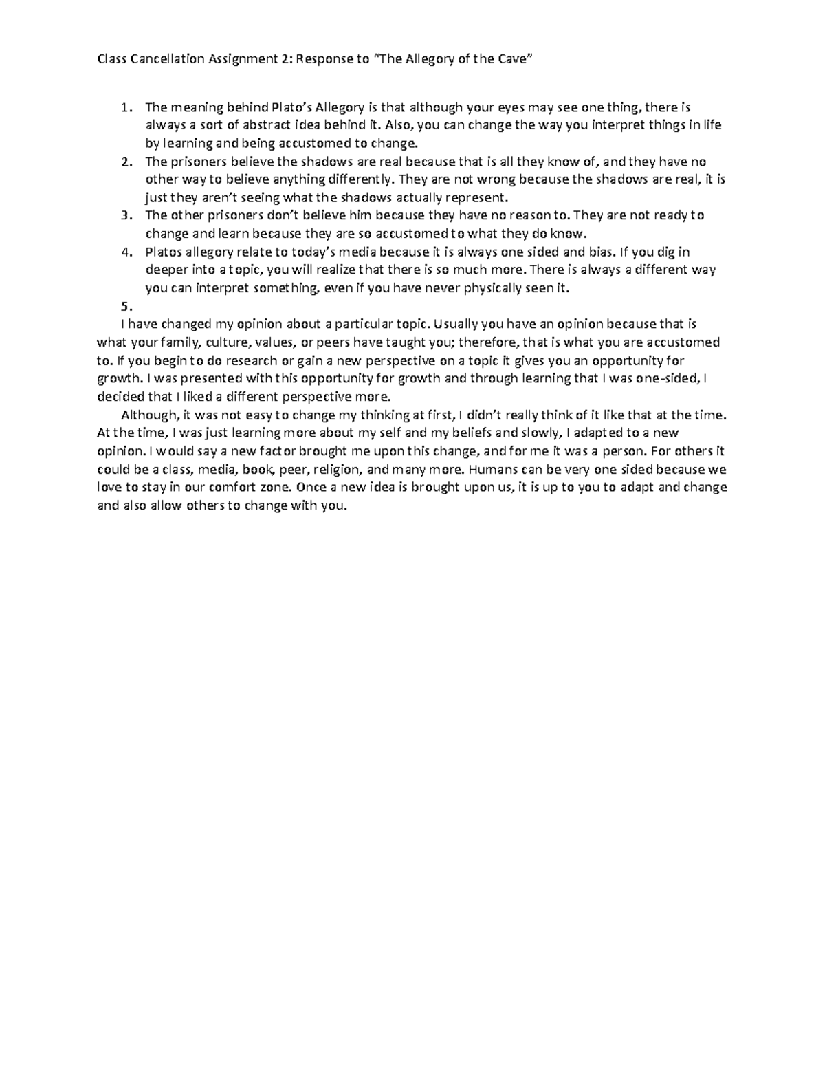 PHIL 101: Class Cancellation Assignment - Response to Allegory of Cave ...
