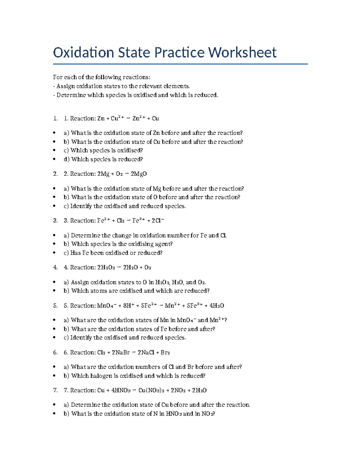 Oxidation State Practice Worksheet: Assigning Oxidation States and ...