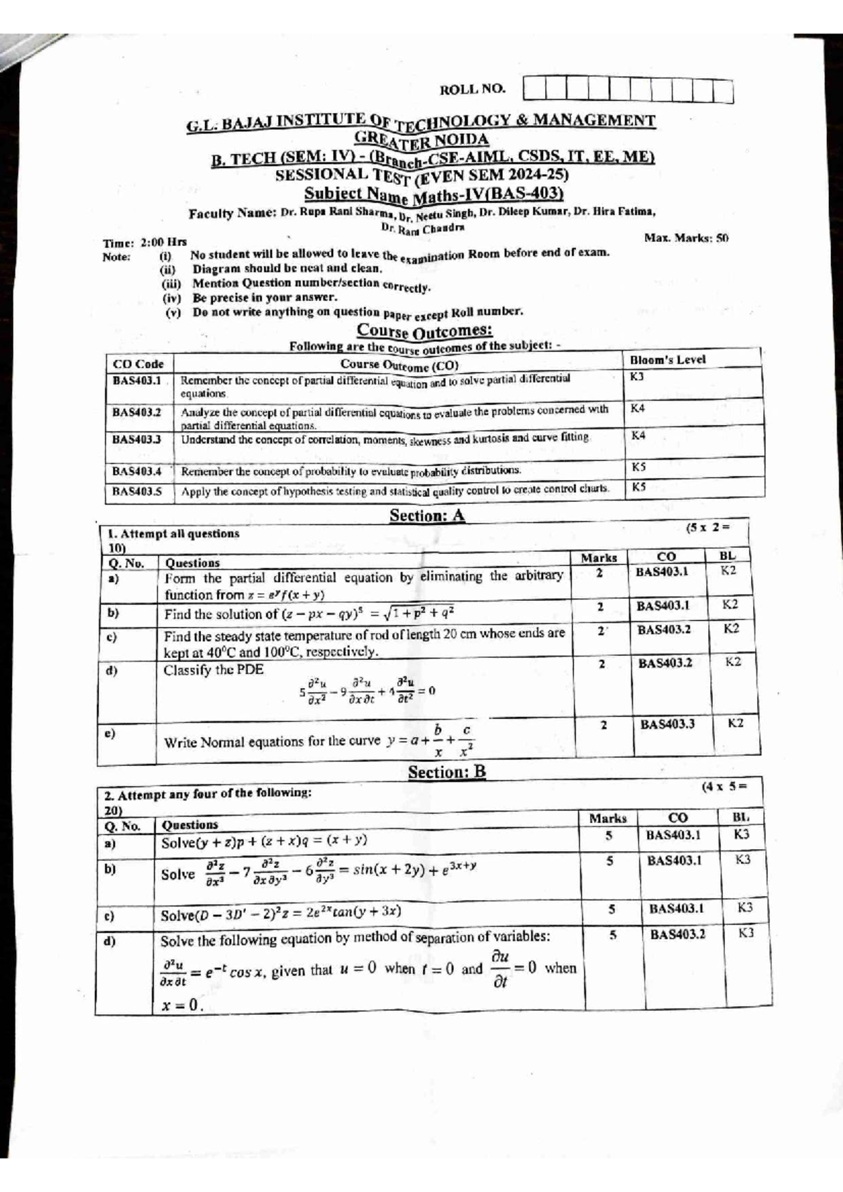 Maths 4 Sessional Test (BAS403) - B. Tech Sem IV Exam Paper - Studocu