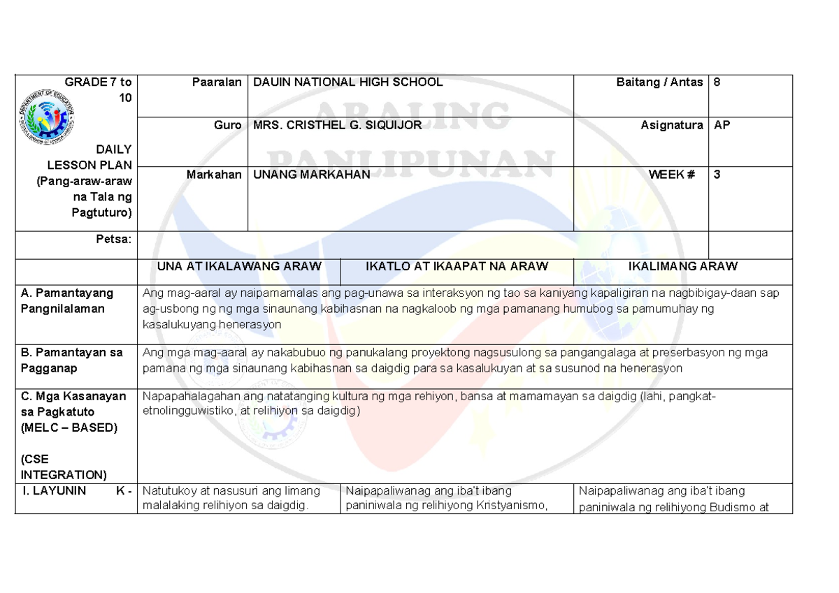 AP8 Daily Lesson Plan Q1 W3 - Interaksyon ng Tao at Relihiyon - Studocu