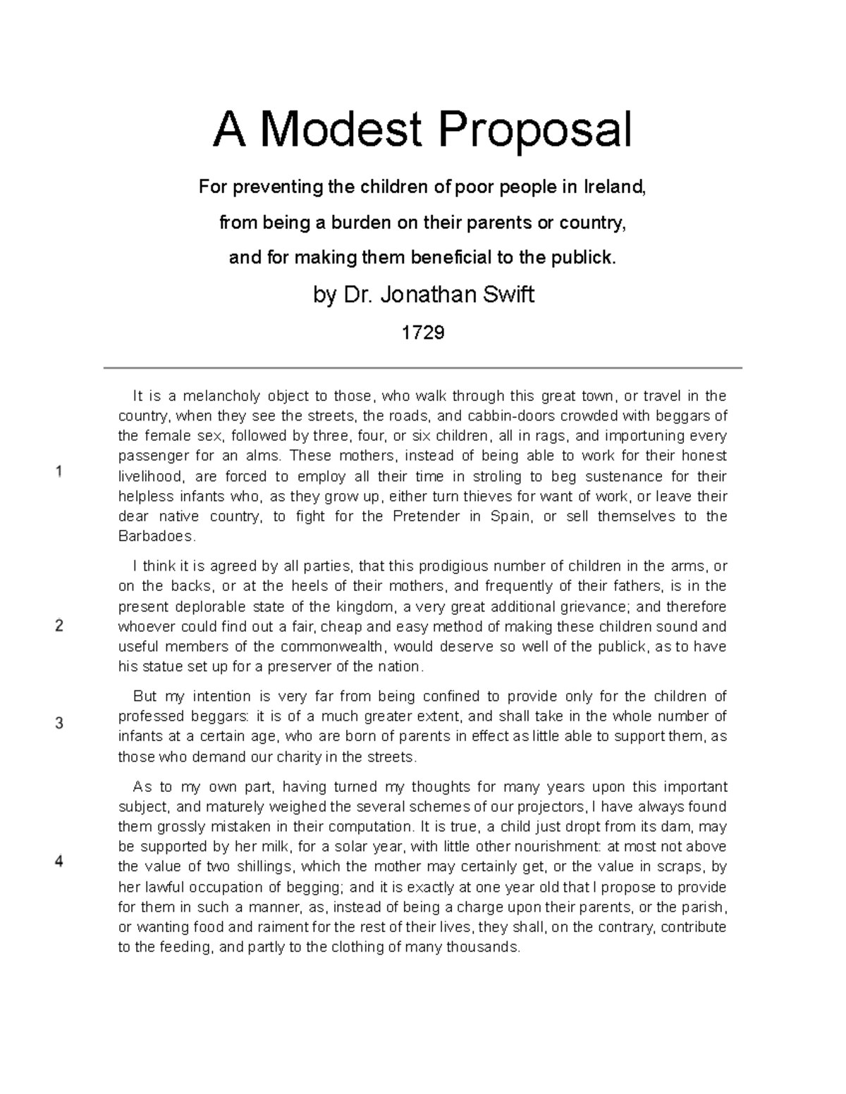 A Modest Proposal: Swift's Satirical Solution for Ireland's Poor - Studocu