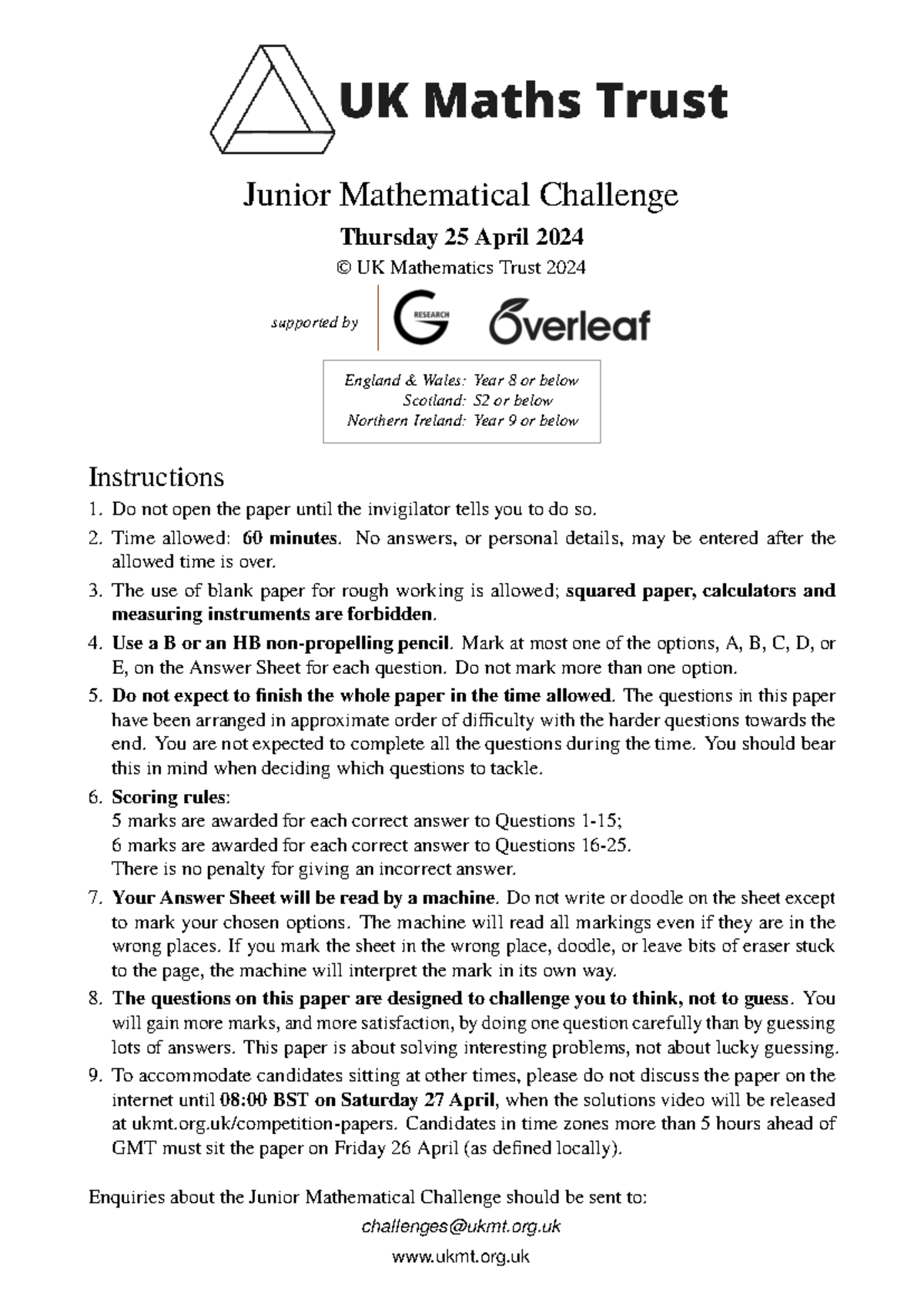JMC 2024 Junior Mathematical Challenge Question Paper - Studocu