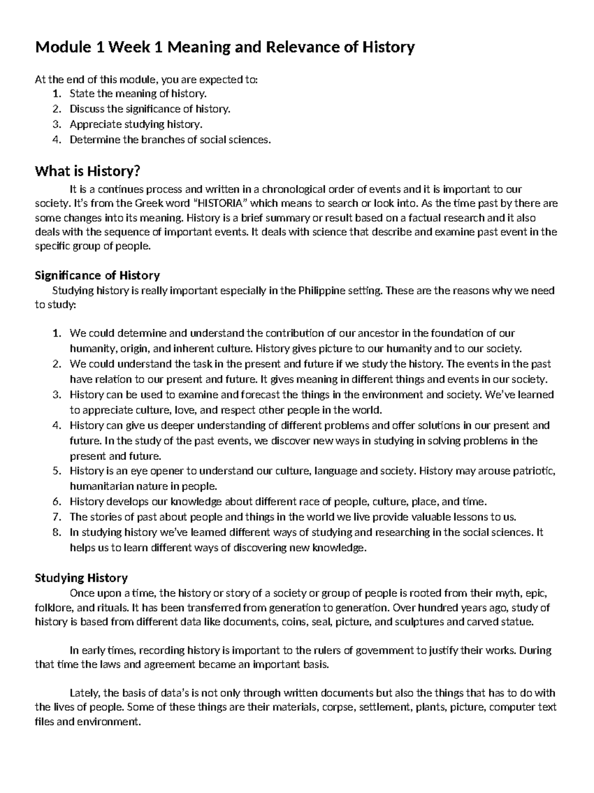 W1 - Module 1: Understanding the Meaning & Importance of History - Studocu