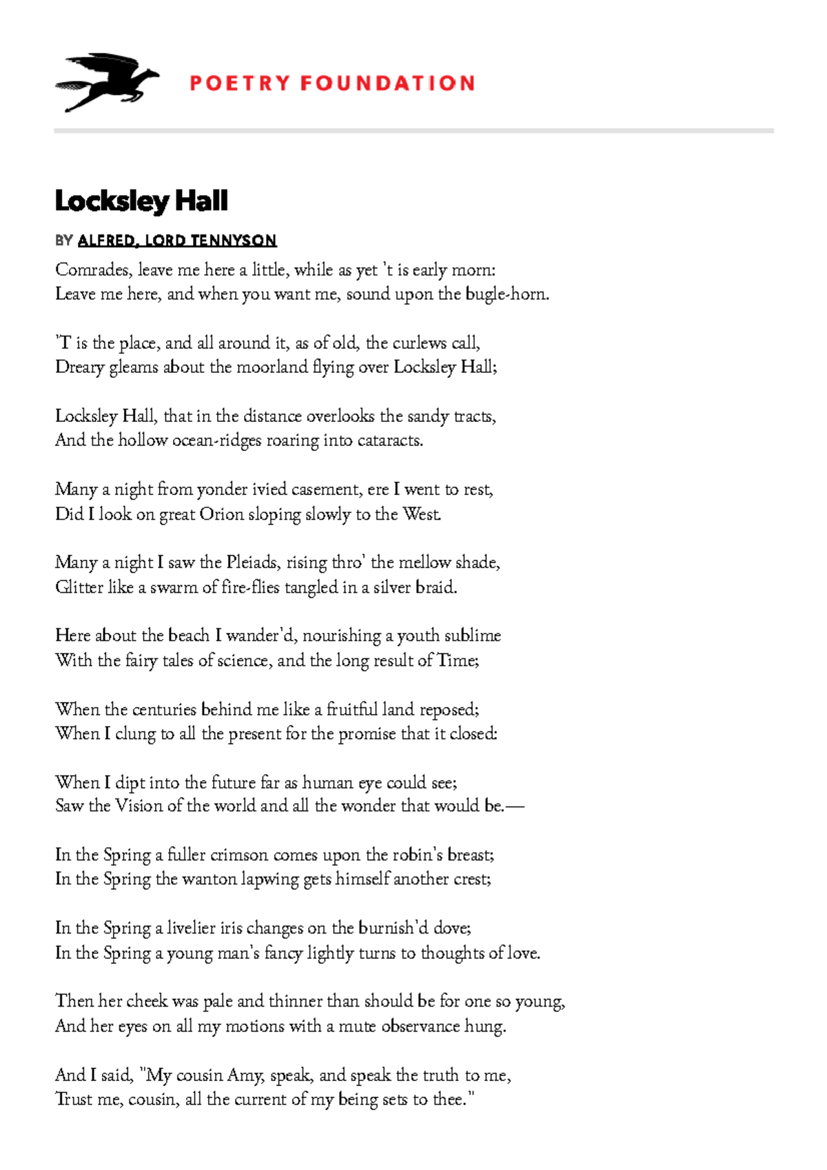 Locksley Hall Analysis: Alfred, Lord Tennyson's Poetic Vision - Studocu