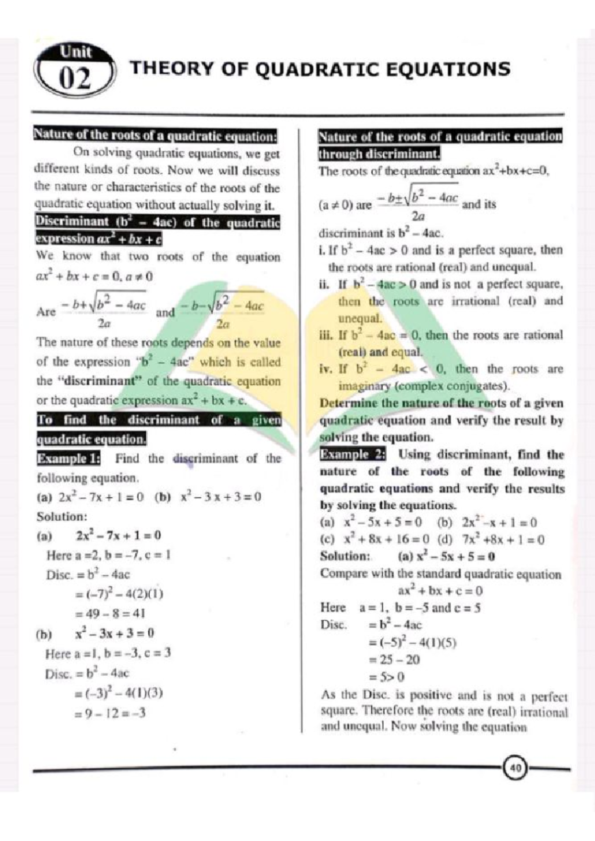 Math Chapter 02: Theory of Quadratic Equations and Roots - Studocu
