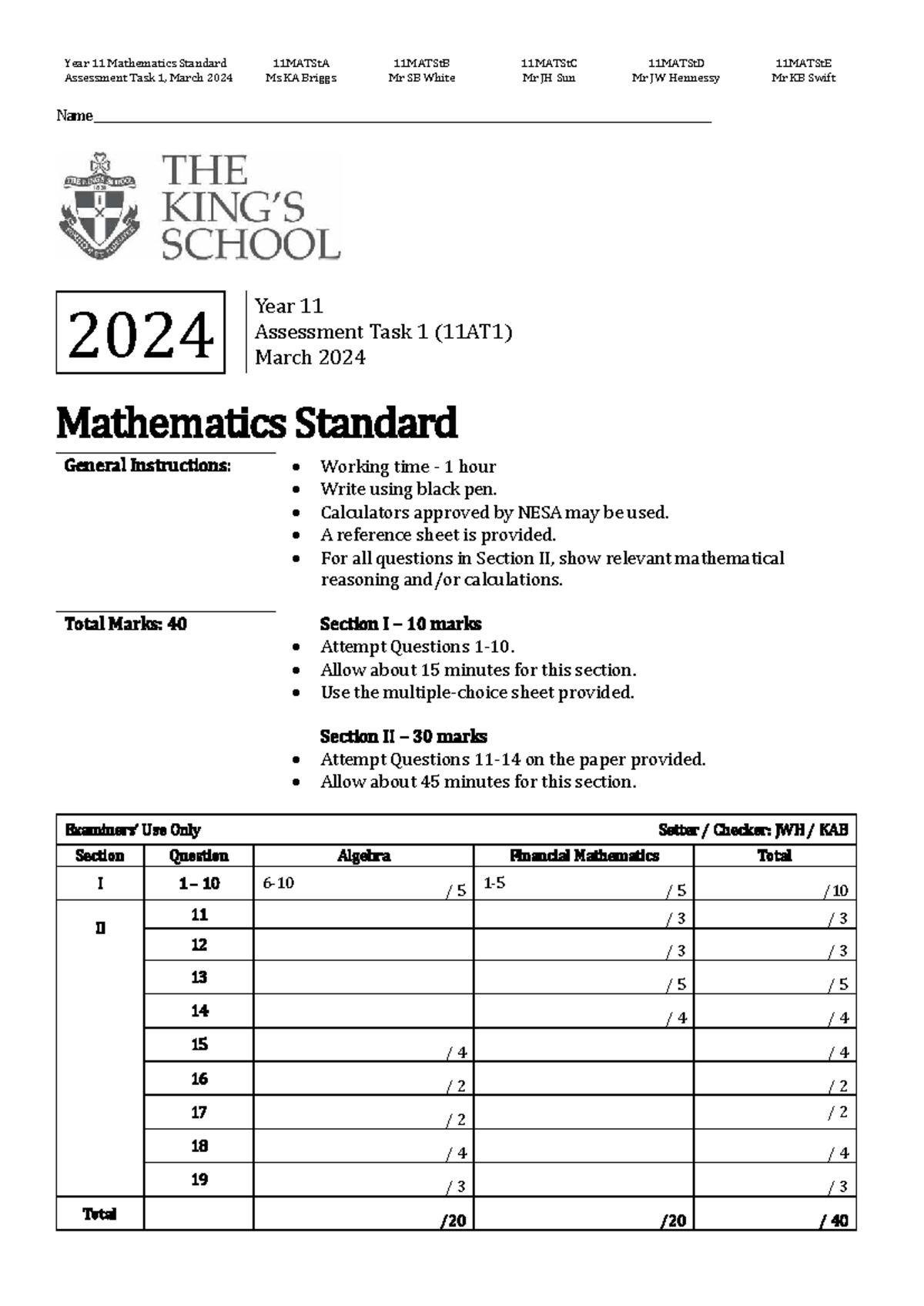 Year 11 Mathematics Standard Assessment Task 1 Solutions (11MATStA ...